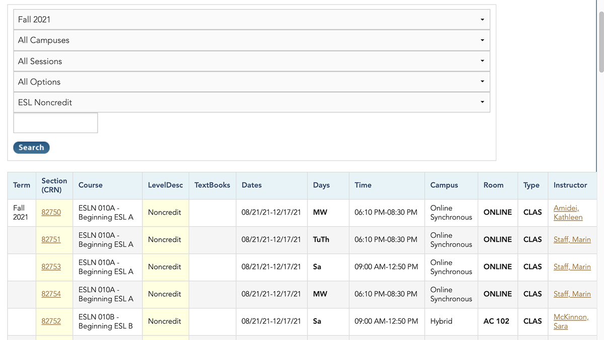Noncredit Class Schedule | English as a Second Language